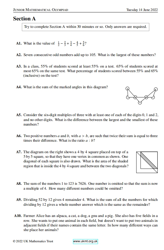 2022年UKMT-JMO竞赛真题